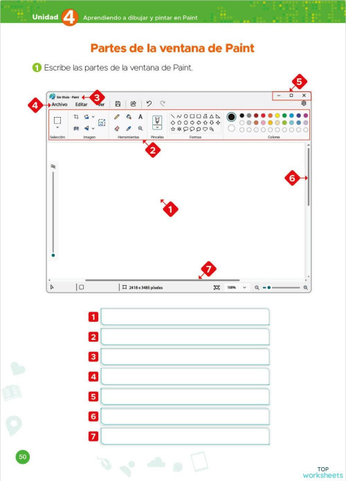 Página 50-53 - Partes de la ventana de Paint. Ficha interactiva ...