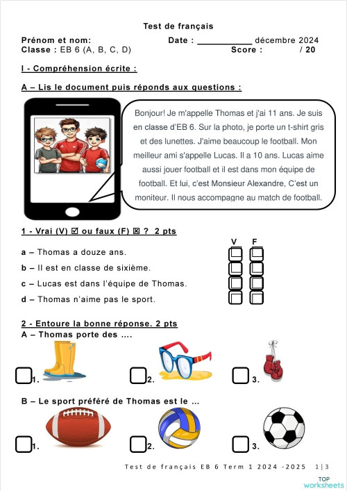 Test de francais Term 1 EB 6 2024 - 2025. Fiche interactive | TopWorksheets