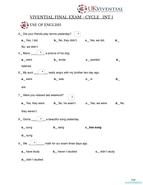 final exam int 1. Ficha interactiva | TopWorksheets
