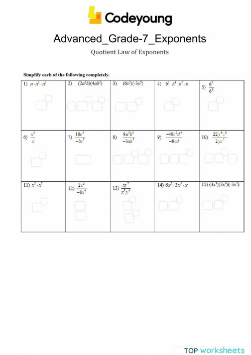 Quotient Law of Exponents Advanced. Interactive worksheet | TopWorksheets
