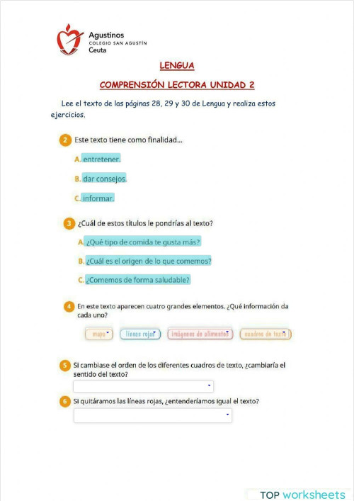 Comprensión Lectora -Alimentos Viajeros- (Unidad 2). Ficha interactiva ...