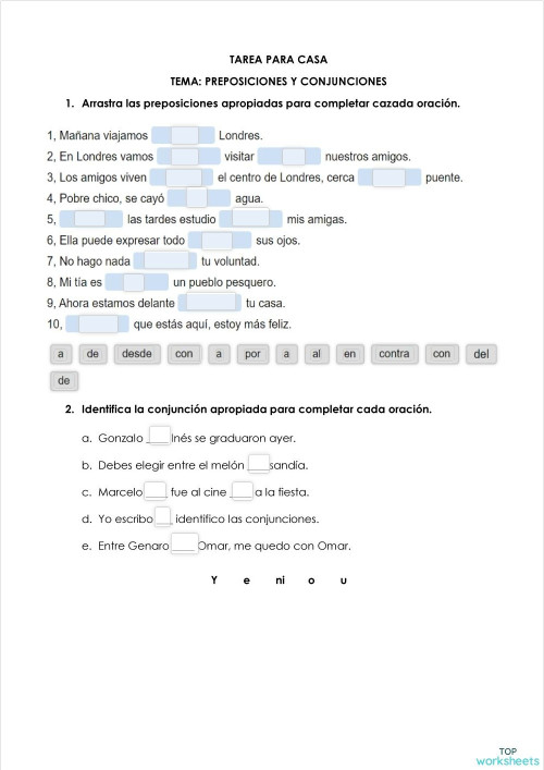 Tarea para casa 7° Lengua Preposiciones -Conjunciones. Ficha ...