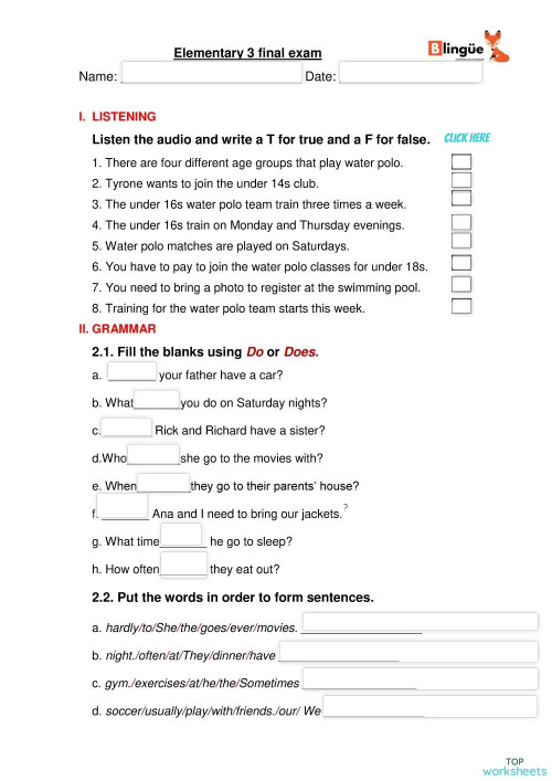 Elementary III (Final Exam)_new version. Interactive worksheet ...