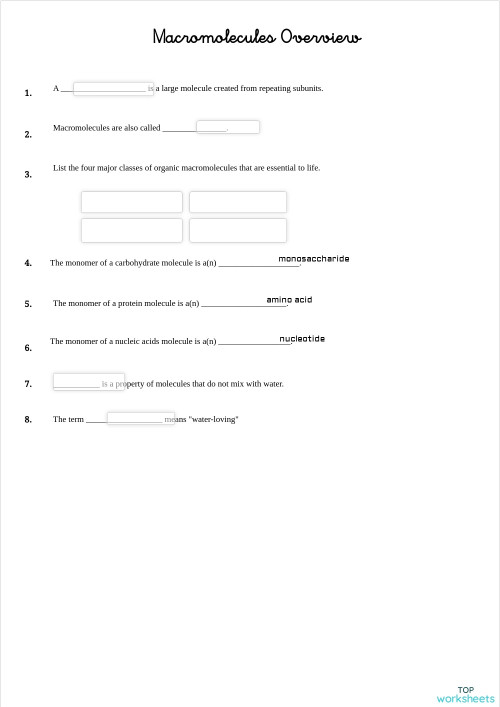Macromolecules Overview. Interactive worksheet | TopWorksheets