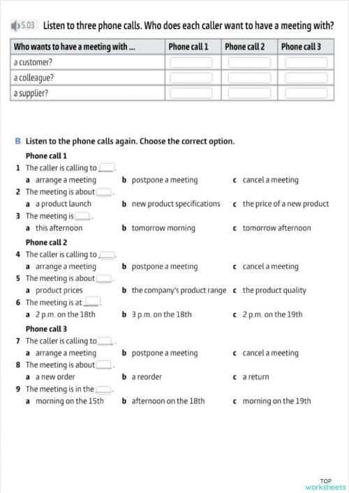 Phone call: can we meet?. Interactive worksheet | TopWorksheets