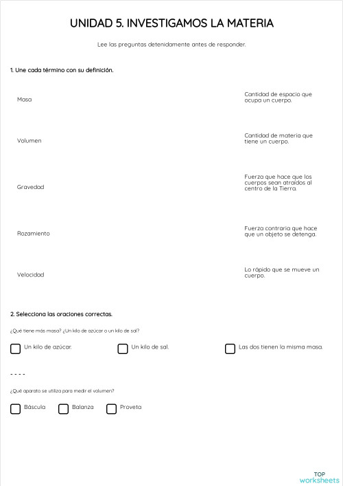 Materia y energía: fichas interactivas y ejercicios online | TopWorksheets