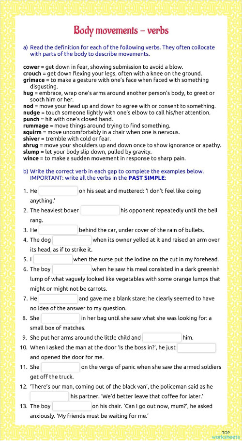 Body movements - verbs. Interactive worksheet | TopWorksheets