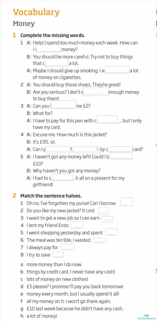 Money Vocabulary. Interactive worksheet | TopWorksheets