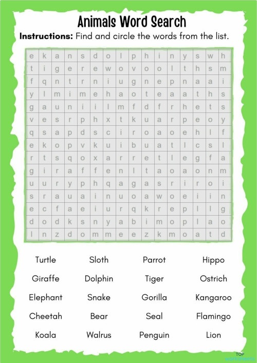 Animals word search. Interactive worksheet | TopWorksheets