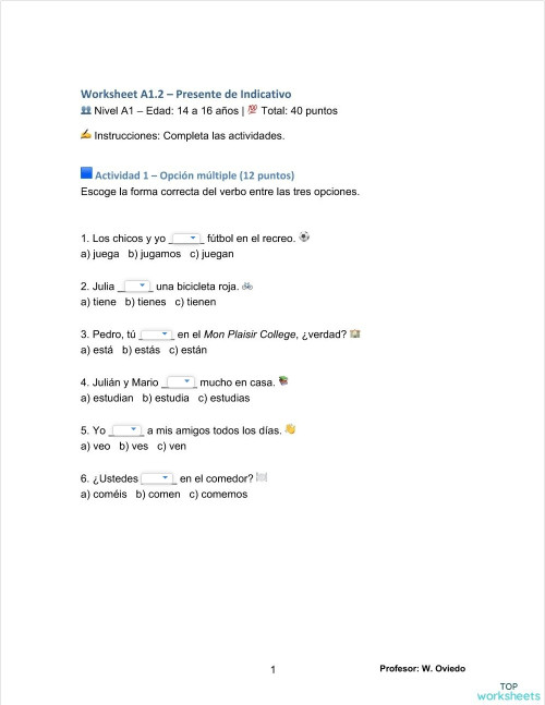 Copy 2 Presente de Indicativo. Ficha interactiva | TopWorksheets