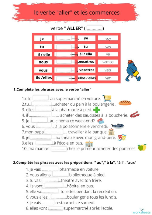 le verbe "aller" et les commerces. Fiche interactive | TopWorksheets