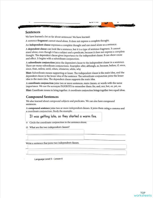 Lesson 6: Sentences Pg 72 Ex 3. Interactive worksheet | TopWorksheets