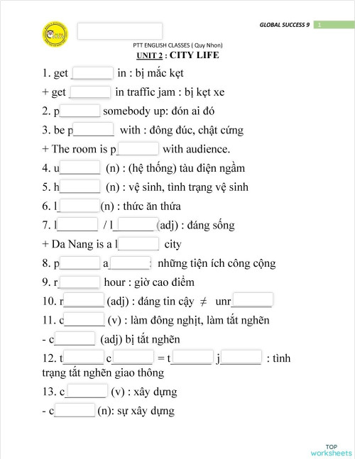TA9- GLOBAL SUCCESS- UNIT 2 CITY LIFE (Vocab). Interactive worksheet | TopWorksheets