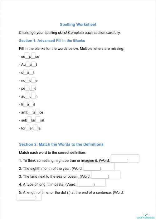 Spelling Worksheet. Interactive worksheet | TopWorksheets