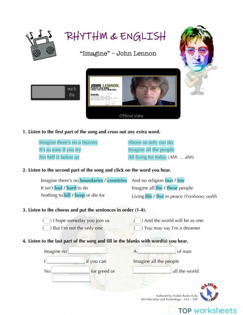Song - Imagine (by John Lennon). Interactive worksheet | TopWorksheets