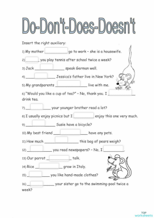 Do-don´t-Does-Doesn't. Ficha interactiva | TopWorksheets