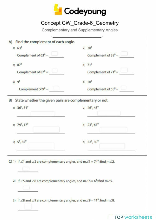 Complementary and Supplementary Angles Concept CW. Interactive ...