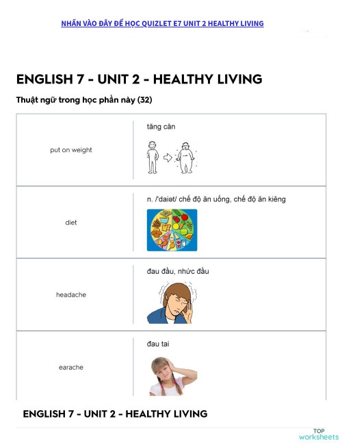 ENGLISH 7 VOCAB - UNIT 2 - HEALTHY LIVING. Bài tập tương tác ...