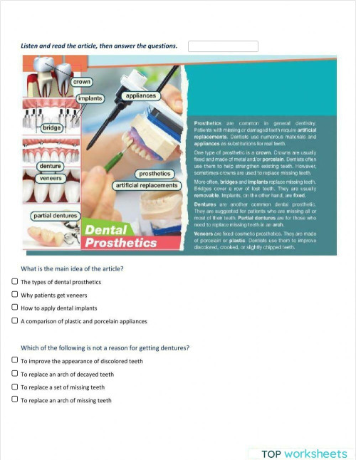 Dental prosthetics. Interactive worksheet | TopWorksheets