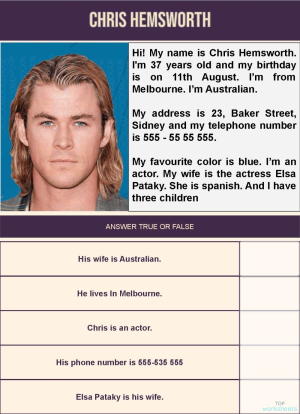 PERSONAL INFORMATION - READING. Interactive worksheet | TopWorksheets