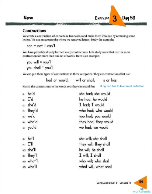 Lesson 11: Contractions Pg 119-120 Ex 3. Interactive worksheet ...