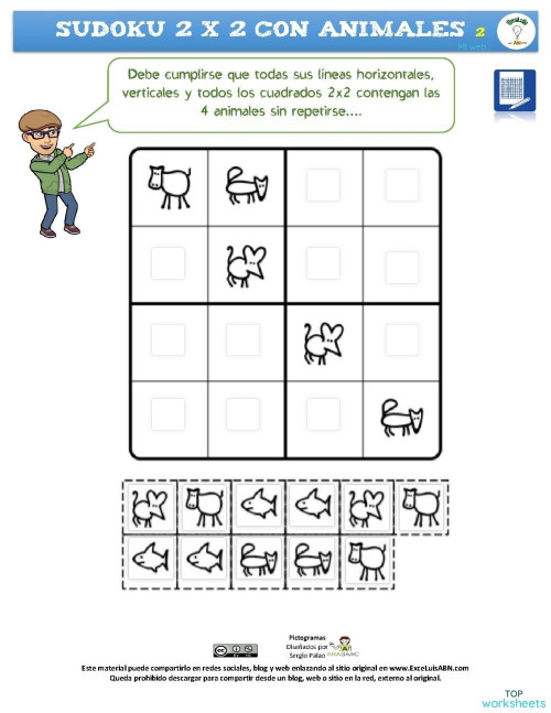 Sudoku 2x2 - animales 02. Ficha interactiva | TopWorksheets