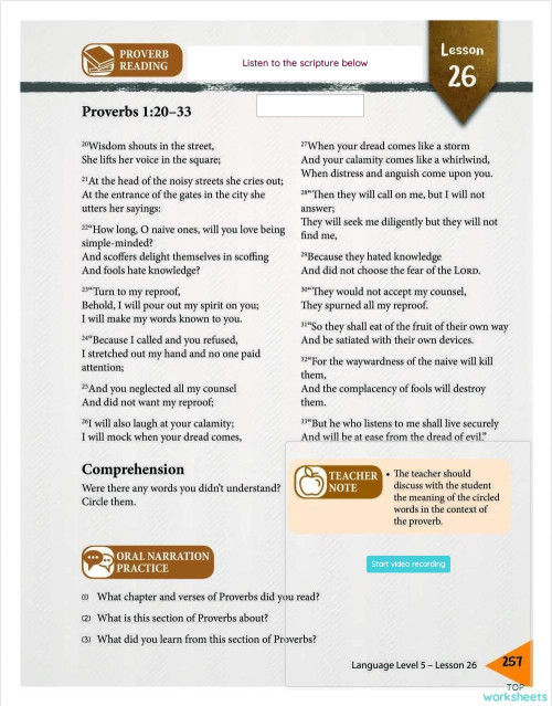 Lesson 26: Pg 257 Proverb Reading. Interactive worksheet | TopWorksheets