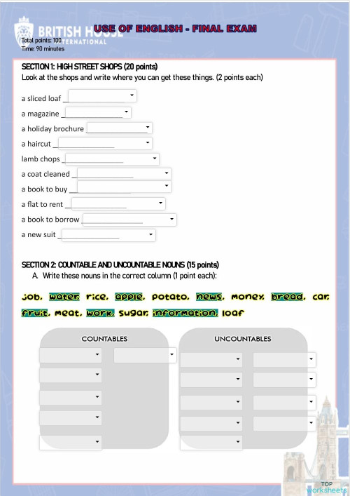 USE OF ENGLISH - FINAL EXAM. Interactive worksheet | TopWorksheets