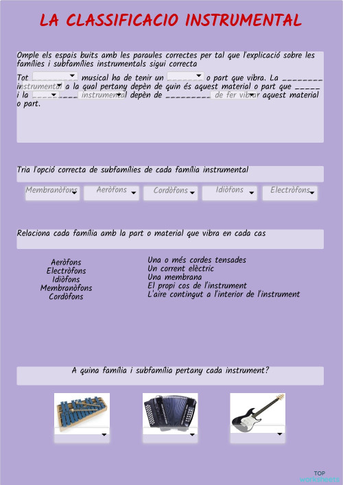 Classificació instrumental. Teoria. Fitxa interactiva | TopWorksheets