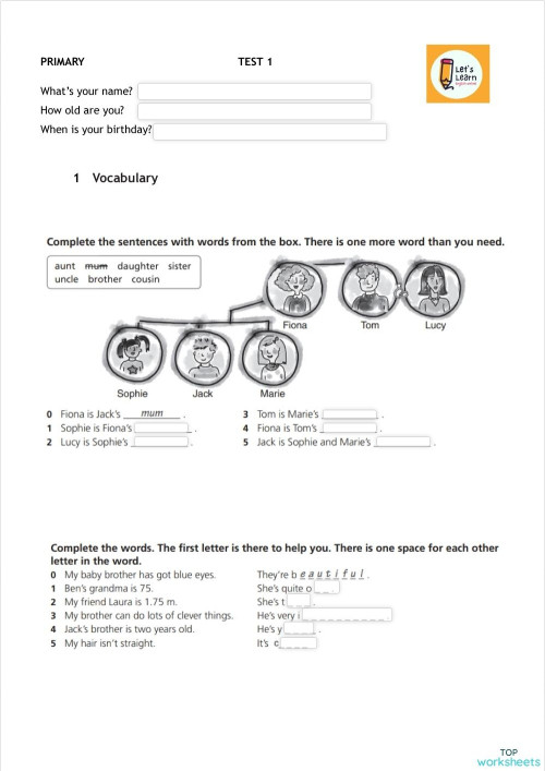 Primary Test 1. Interactive worksheet | TopWorksheets
