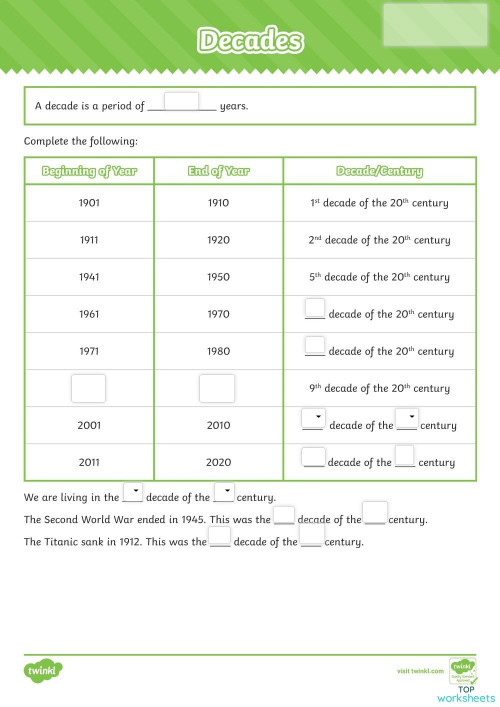 Decades & centuries. Interactive worksheet | TopWorksheets