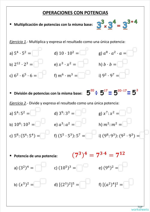 Operaciones con Potencias. Ficha interactiva | TopWorksheets