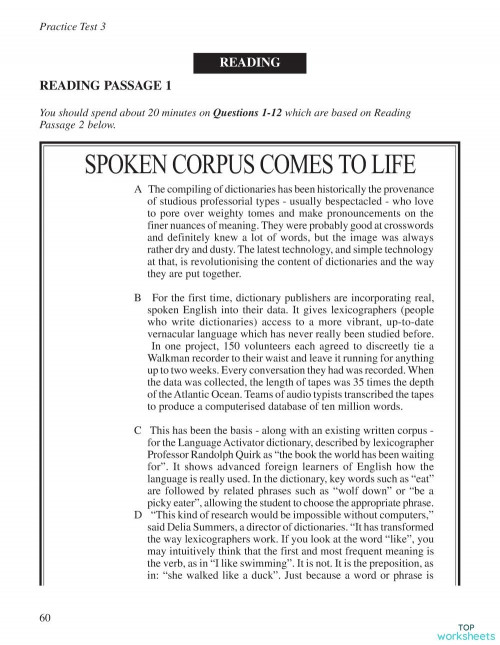 Cambridge 1 Reading Test 3. Interactive worksheet | TopWorksheets