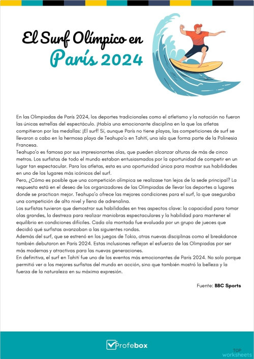 Comprensión Lectora: Surf olímpico. Ficha interactiva | TopWorksheets