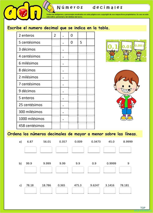 Números decimales: fichas interactivas y ejercicios online | TopWorksheets