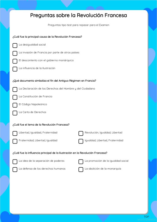 Preguntas sobre la Revolución Francesa. Ficha interactiva | TopWorksheets
