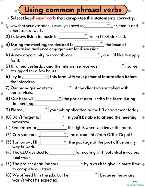 I1 Using common phrasal verbs. Interactive worksheet | TopWorksheets