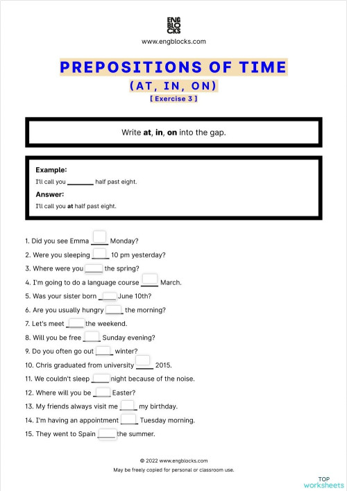 prepositions-of-time-at-in-on-exercise-3. Interactive worksheet | TopWorksheets
