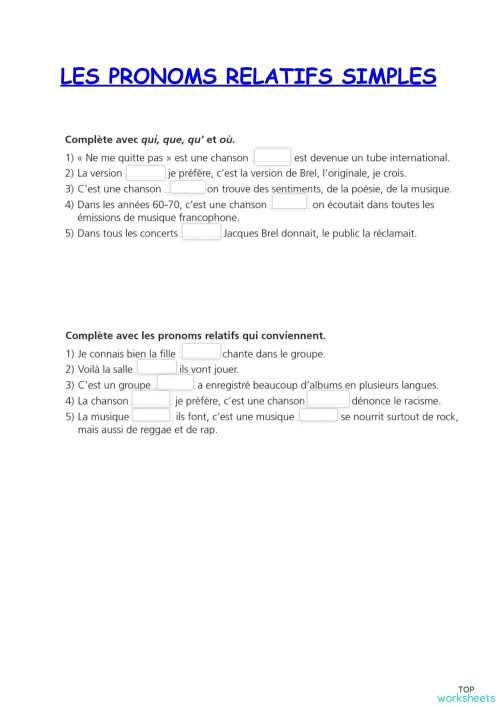 LES PRONOMS RELATIFS SIMPLES. Fiche interactive | TopWorksheets