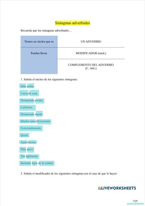 Sintaxis: fichas interactivas y ejercicios online | TopWorksheets