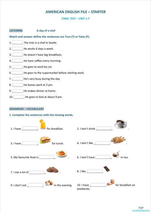 AEF Starter - Test 1-7. Interactive worksheet | TopWorksheets