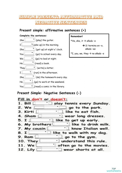 Simple Present- Negative and Affirmative Sentences. Interactive ...
