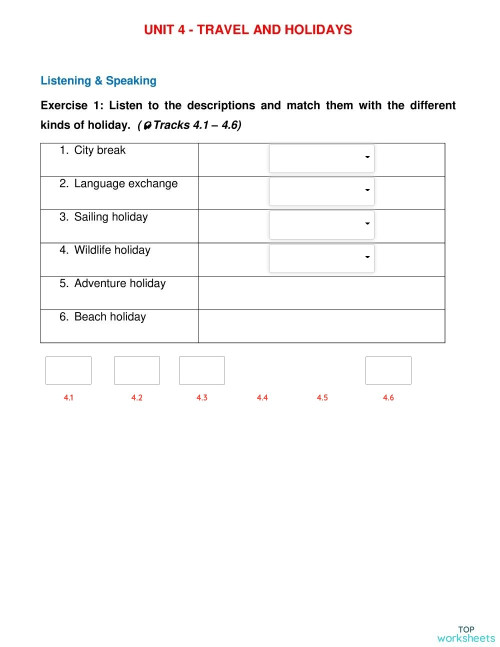 Unit 4 - Travel and Holidays - Listening. Interactive worksheet ...