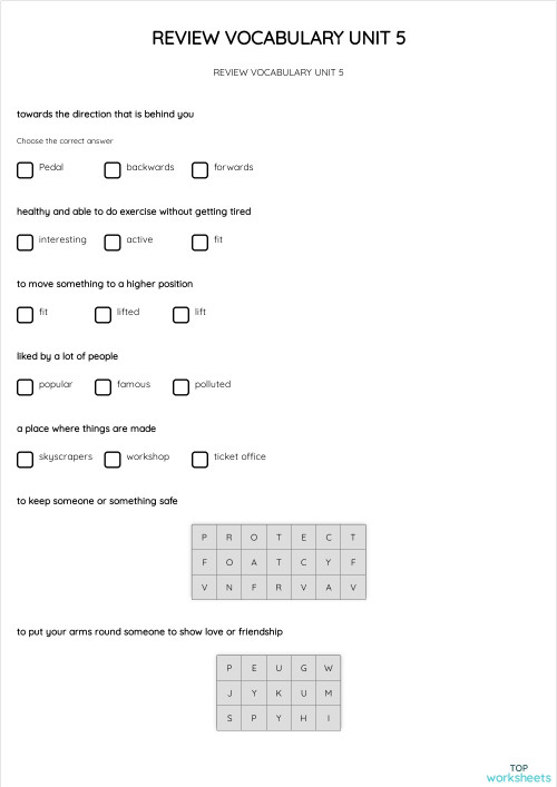 REVIEW VOCABULARY UNIT 5. Interactive worksheet | TopWorksheets