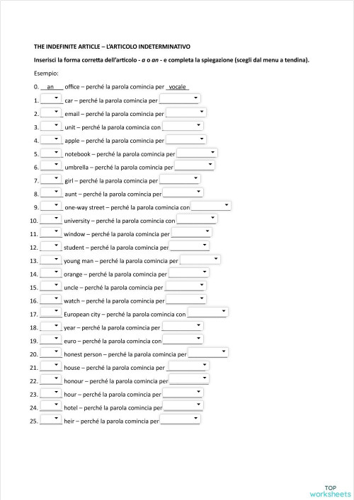 The Indefinite Article A An Interactive Worksheet Topworksheets