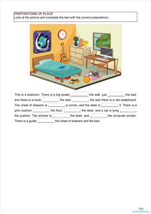 Prepositions of place - Cloze test. Interactive worksheet | TopWorksheets