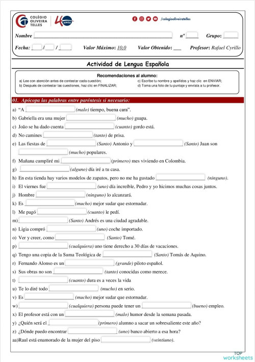 Gramática: fichas interactivas y ejercicios online | TopWorksheets