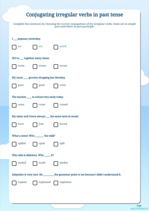 Conjugating irregular verbs in past tense. Interactive worksheet ...