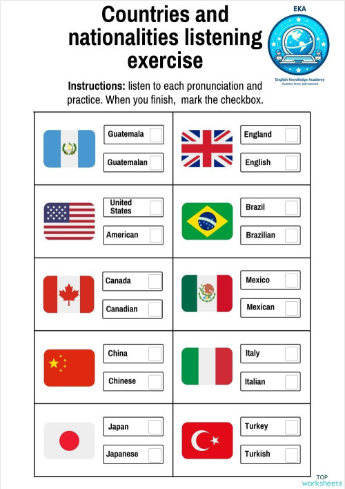 Countries and nationalities listening exercise. Interactive worksheet ...