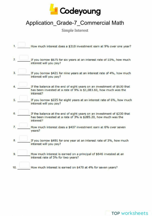 Simple Interest Application. Interactive worksheet | TopWorksheets